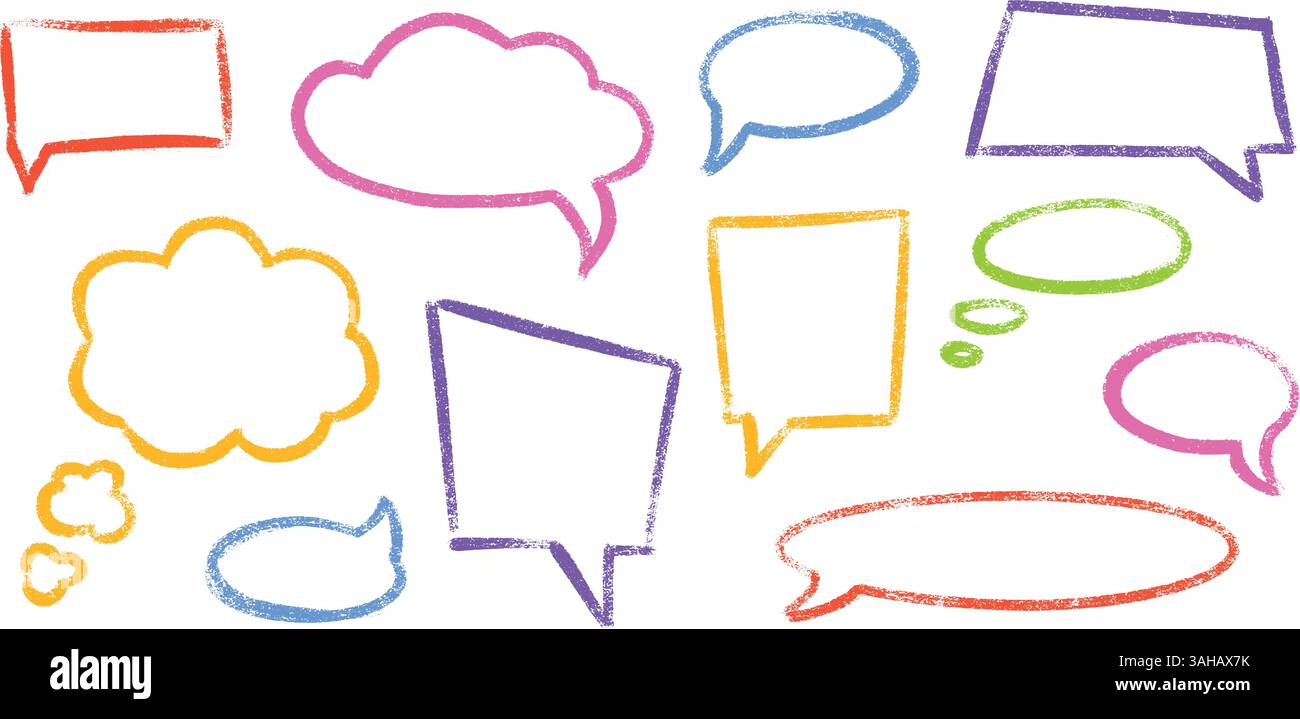 Pastel color crayon speech bubble set - hand drawn chat cloud shapes ...