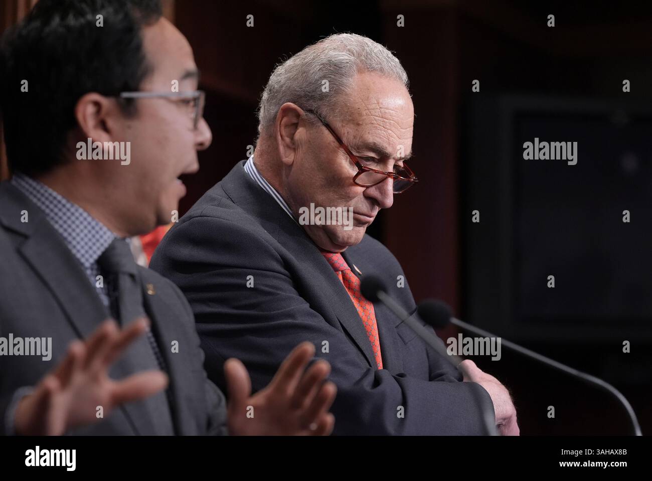 Sen. Andy Kim, D-N.J., left, joins Senate Minority Leader Chuck Schumer ...
