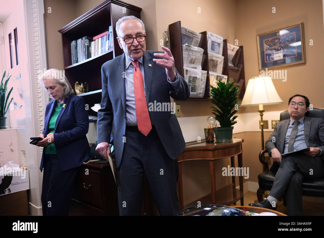 Senate Minority Leader Chuck Schumer, D-N.Y., joined by Sen. Kirsten ...