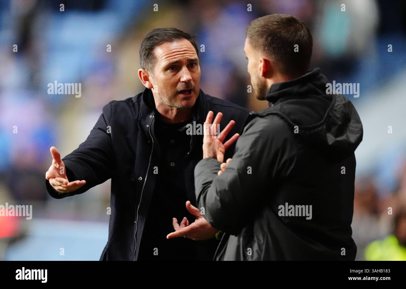 Coventry City head coach Frank Lampard speaks with the fourth official ...