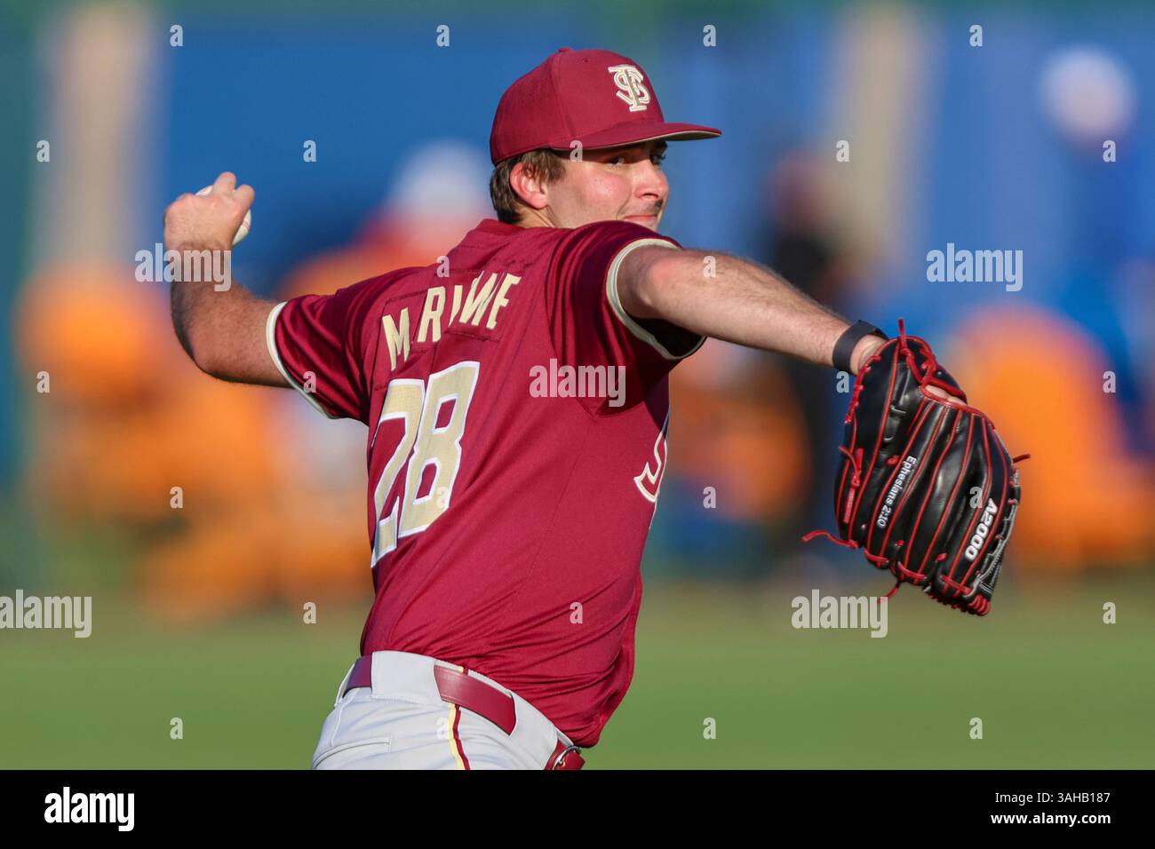Florida State pitcher Jacob Marlowe (28) warms up before an NCAA ...
