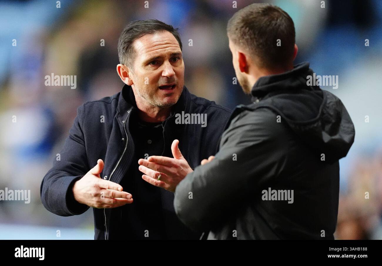 Coventry City head coach Frank Lampard speaks with the fourth official ...