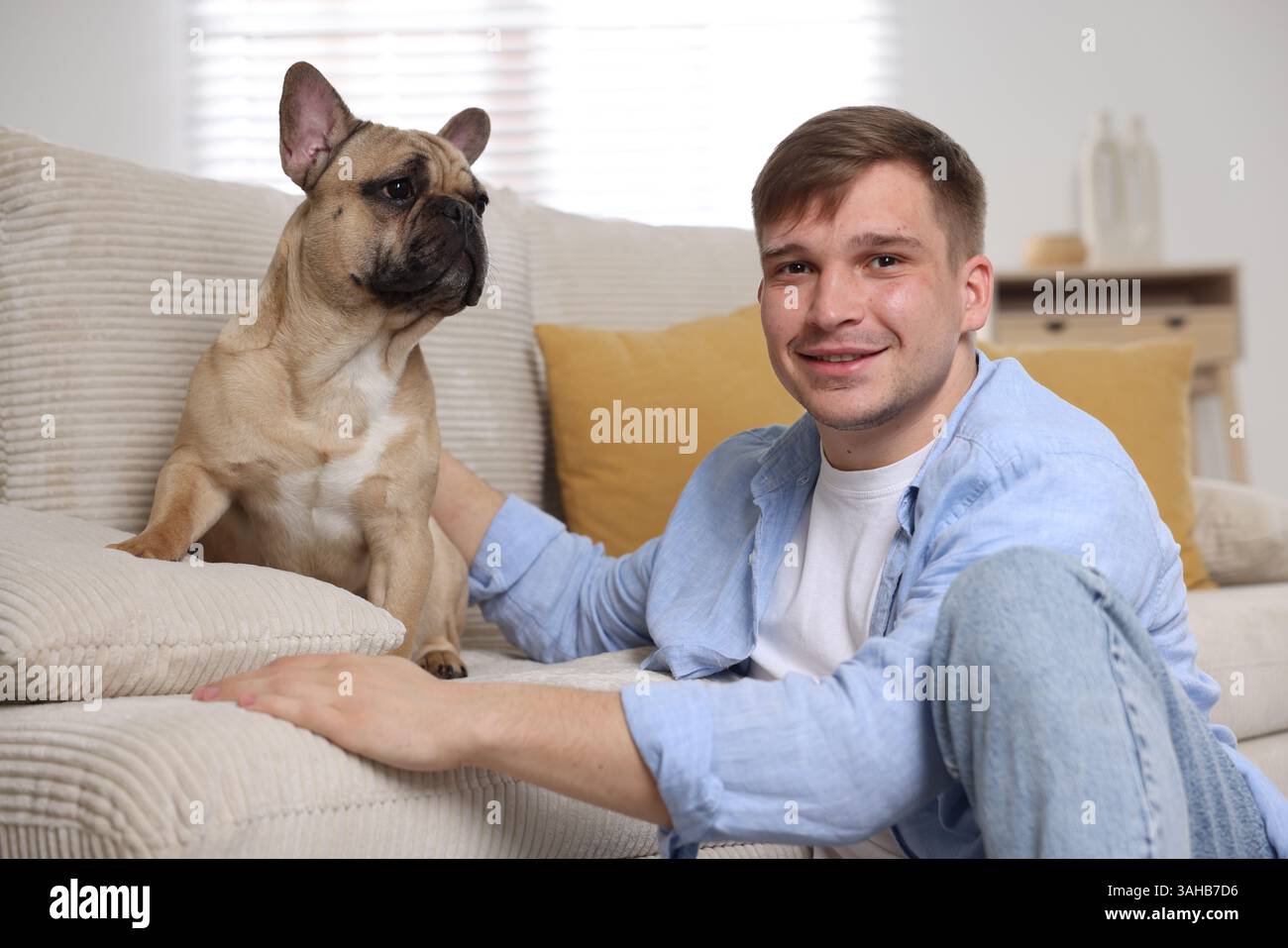 Adorable French bulldog dog and his happy owner at home Stock Photo - Alamy