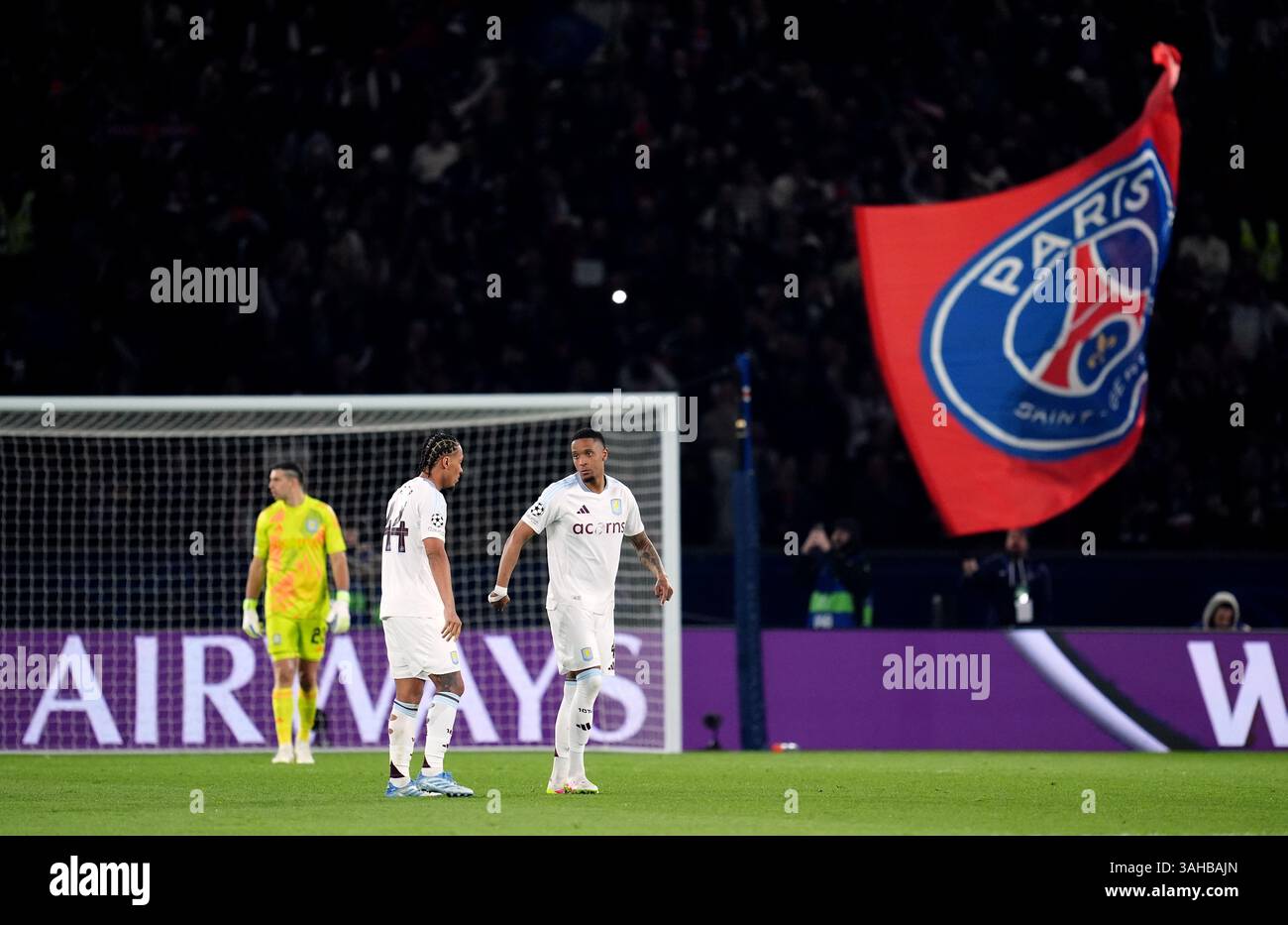 Aston Villa's Boubacar Kamara and Ezri Konsa (right) react after they ...