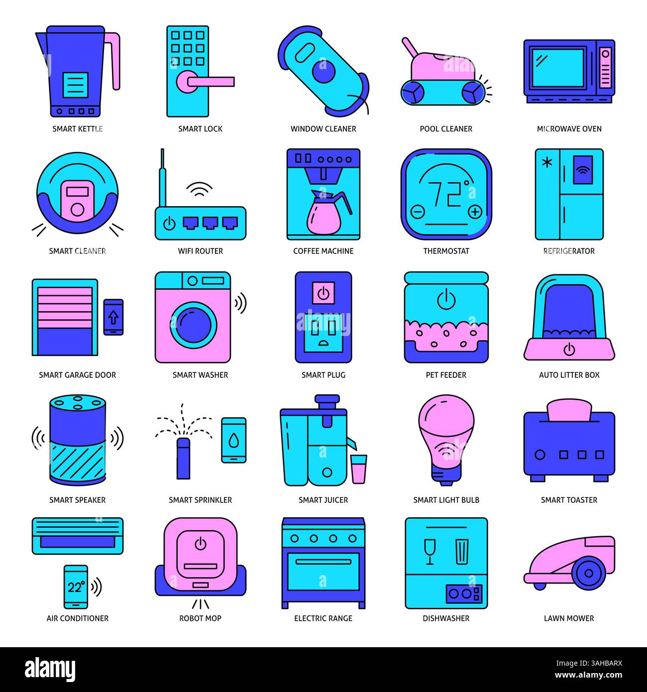 Smart home appliances icon set in colored line style. Internet of ...