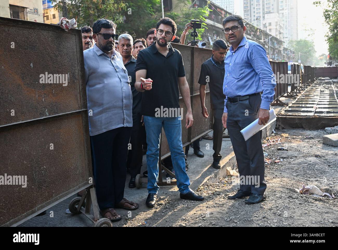MUMBAI, INDIA - APRIL 9: Yuva Sena Chief and Shiv Sena (UBT) MLA Aditya Thackeray inspects the ...
