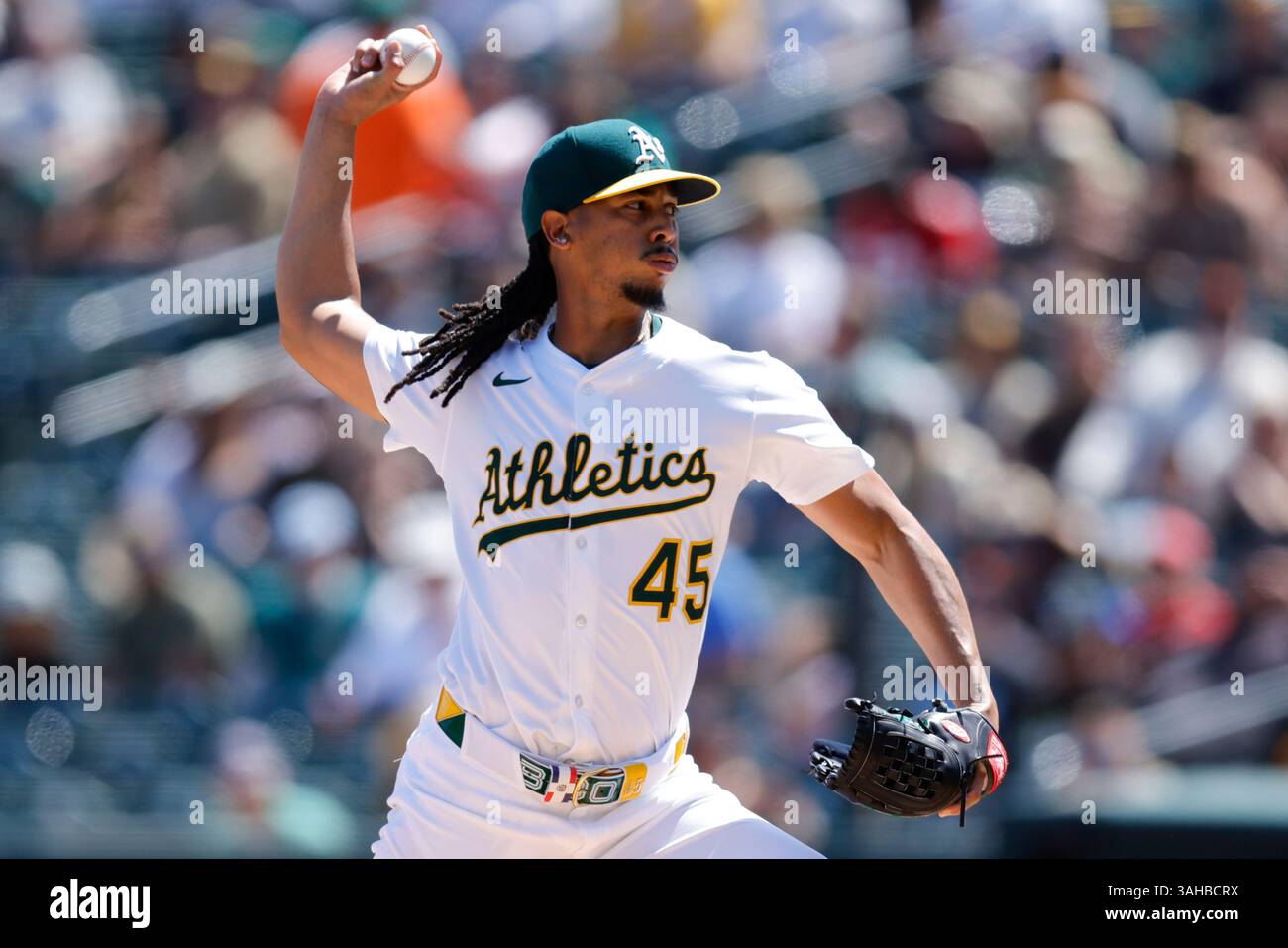 Athletics pitcher Osvaldo Bido (45) throws to a San Diego Padres batter ...