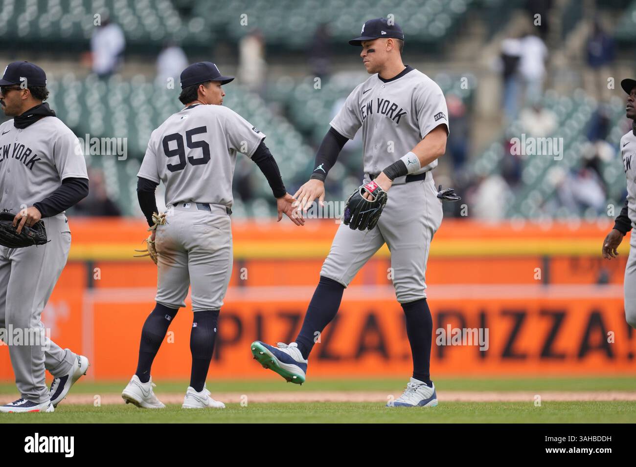 New York Yankees' Oswaldo Cabrera (95) and Aaron Judge celebrate after ...