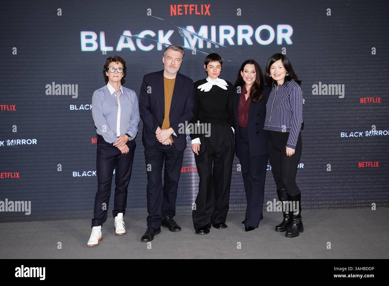 (left to right) Susie Liggat, Charlie Brooker, Emma Corrin, Jessica ...