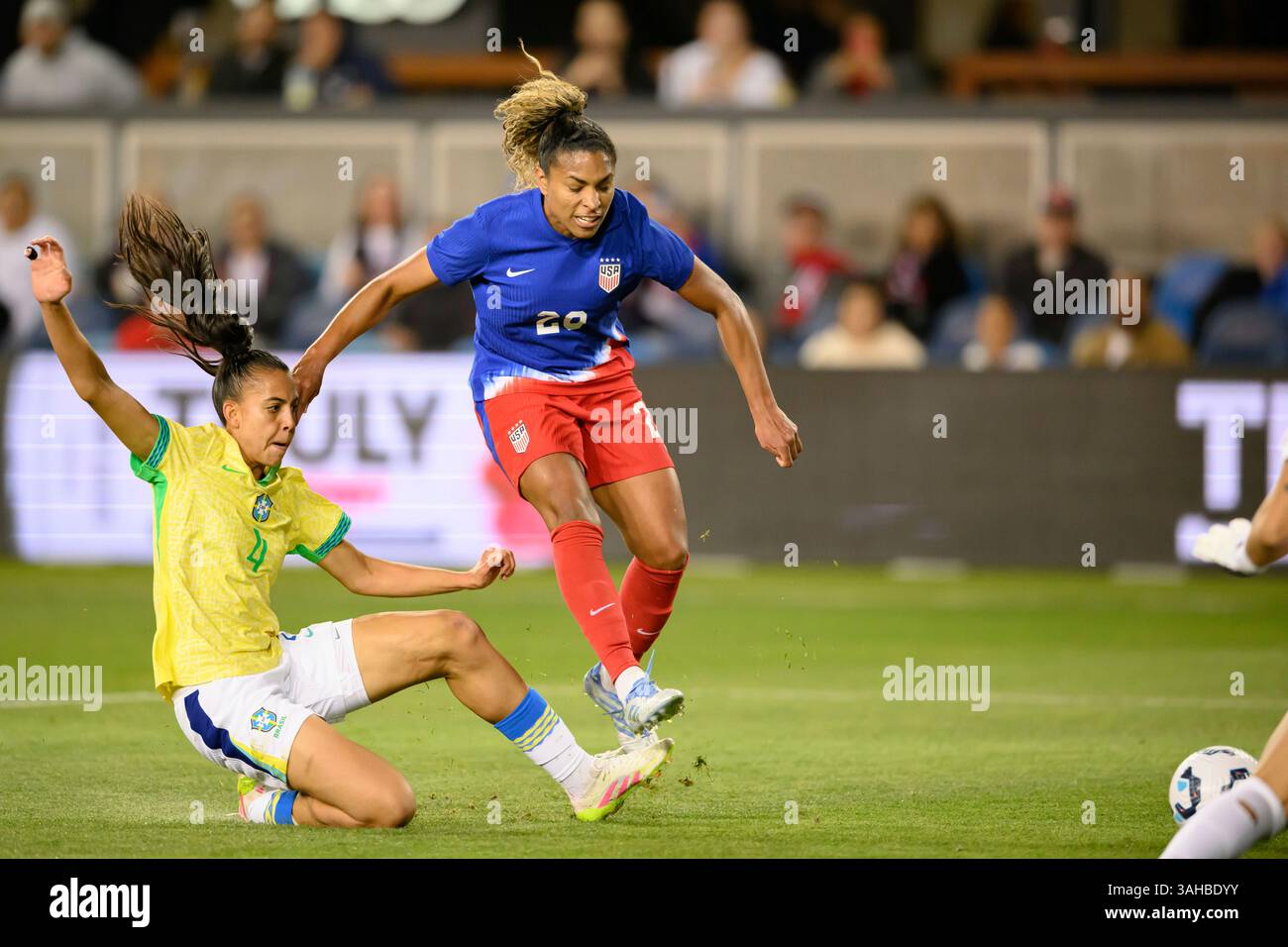 SAN JOSE, CA - APRIL 08: Brazil defender Lauren slide kicks the ball ...