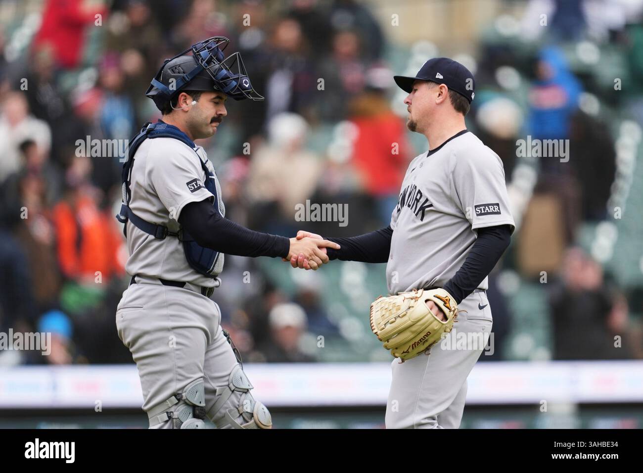 New York Yankees catcher Austin Wells, left, and pitcher Mark Leiter Jr ...