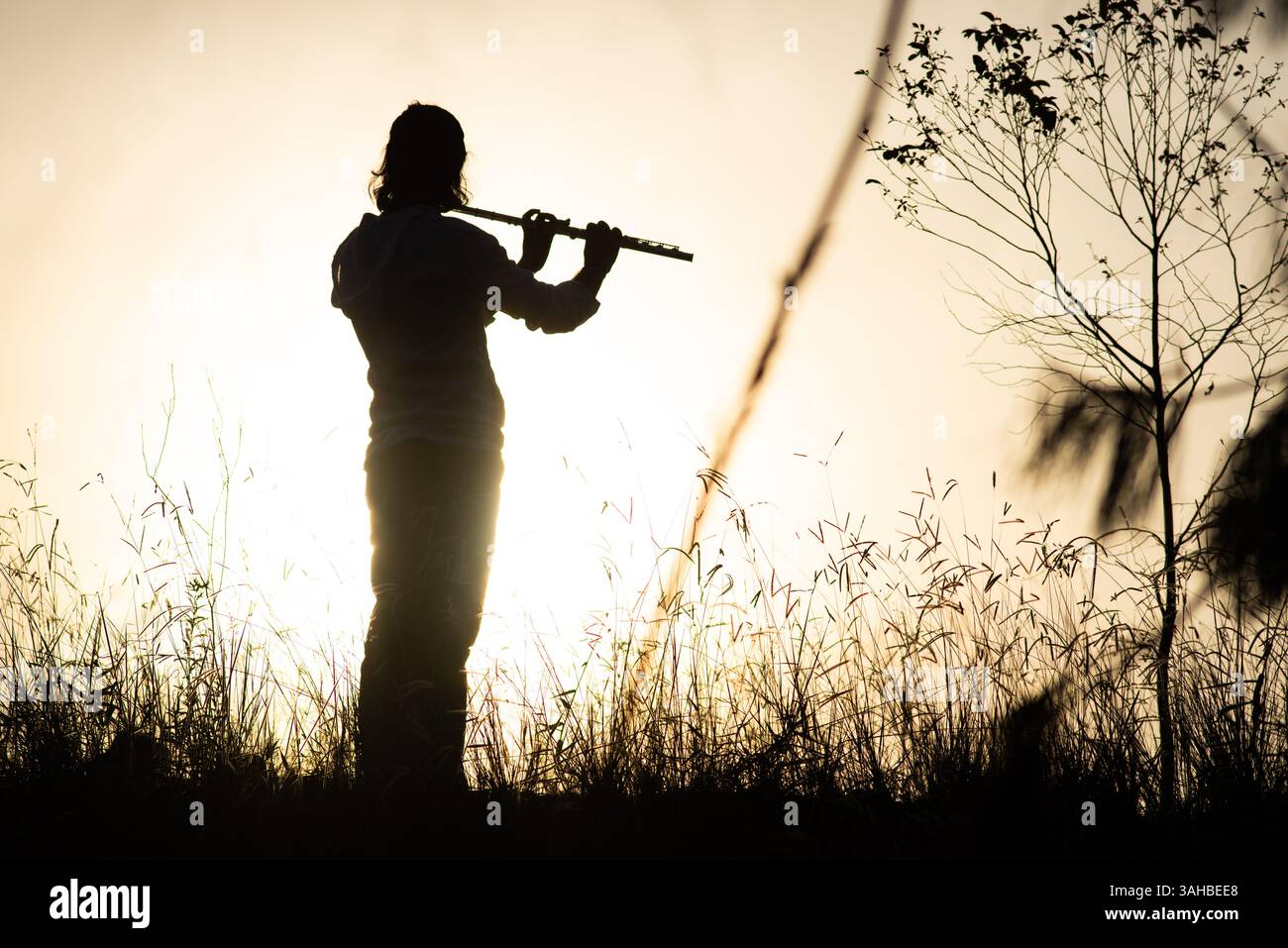 a piper playing a c flute against a hard sun in the background amidst a ...