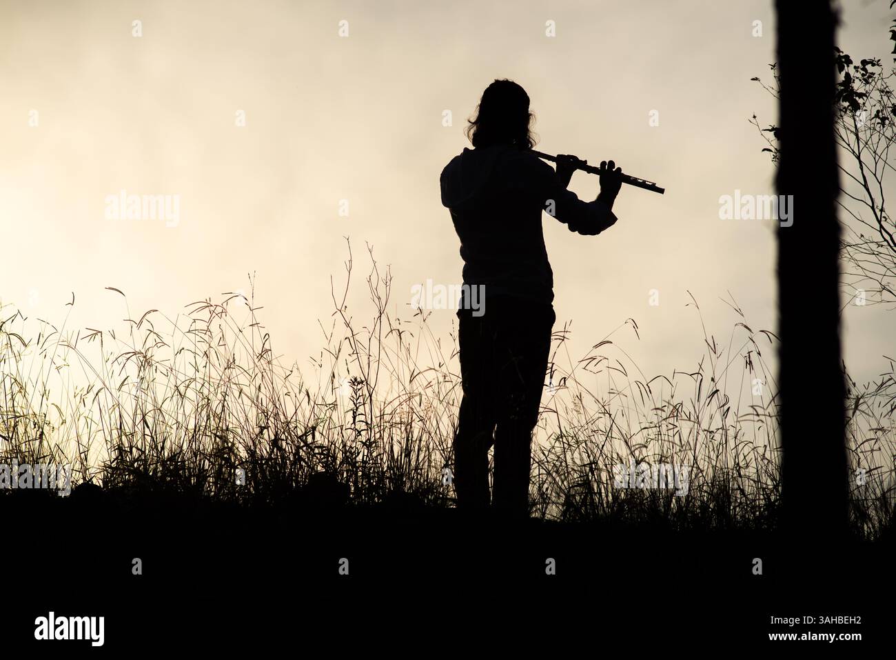 a piper playing a c flute against a hard sun in the background amidst a ...