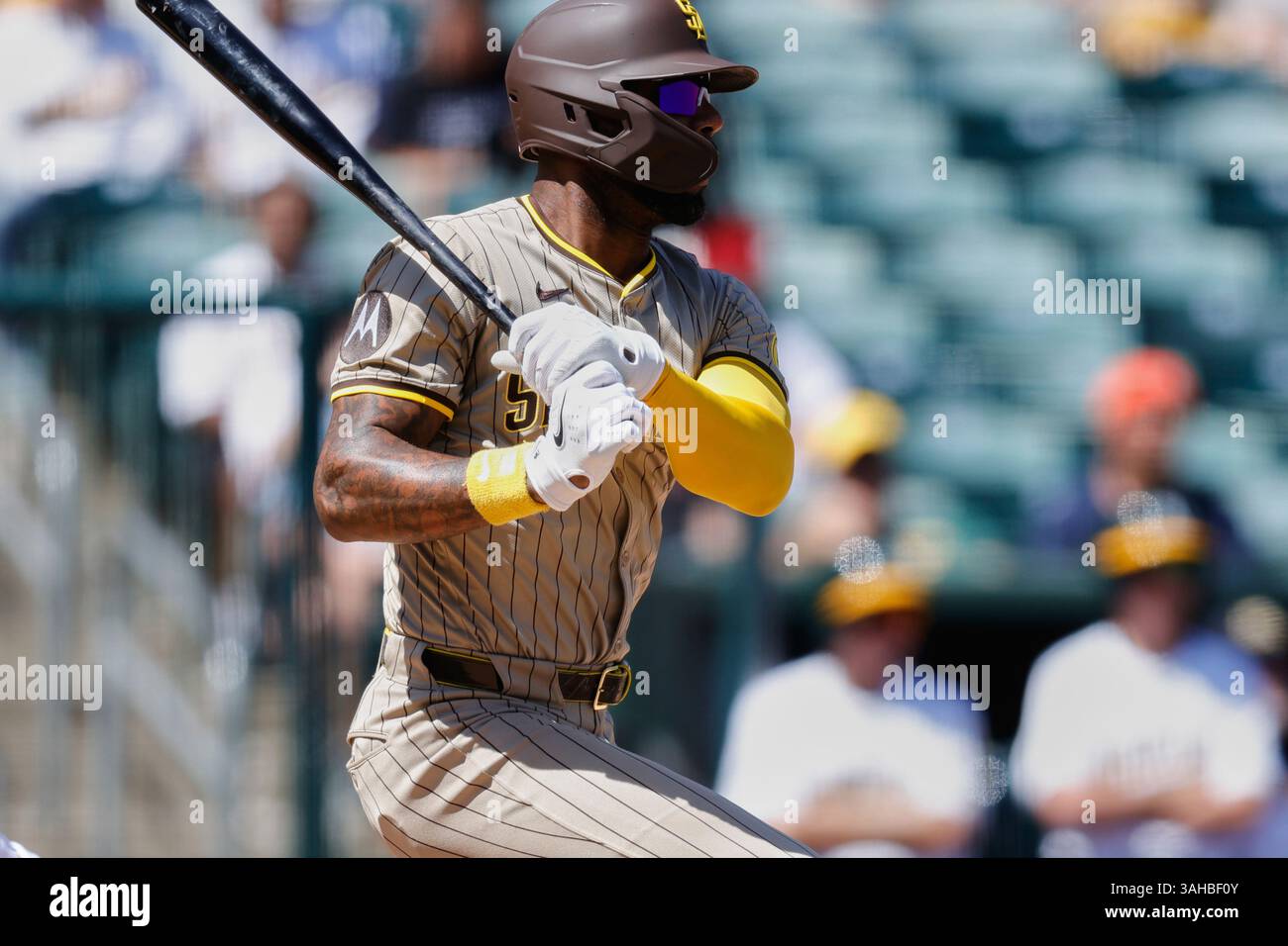 San Diego Padres' Jason Heyward hits a single during the inning of a ...