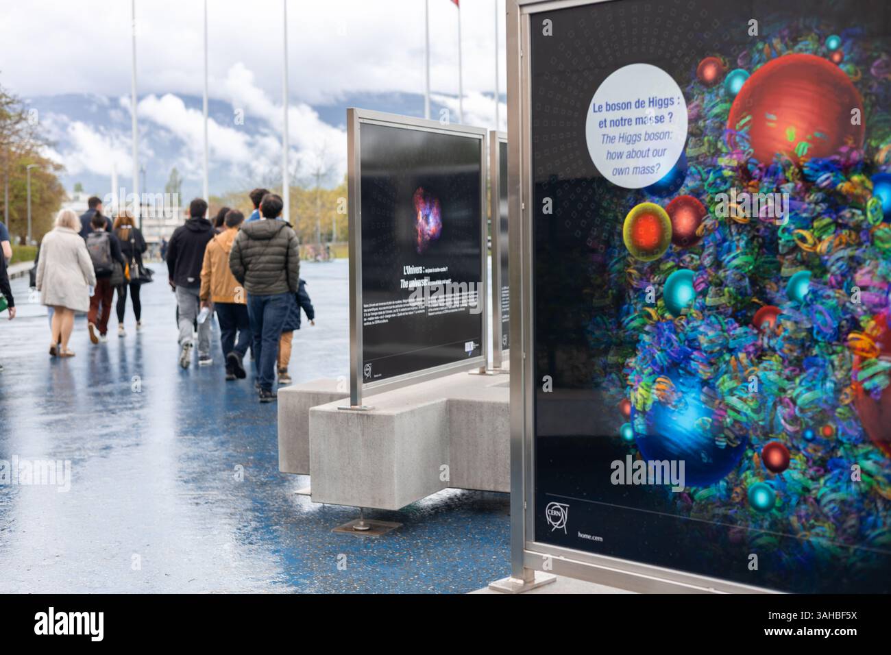 Outdoor exhibition panels at CERN showcase images of the Large Hadron ...