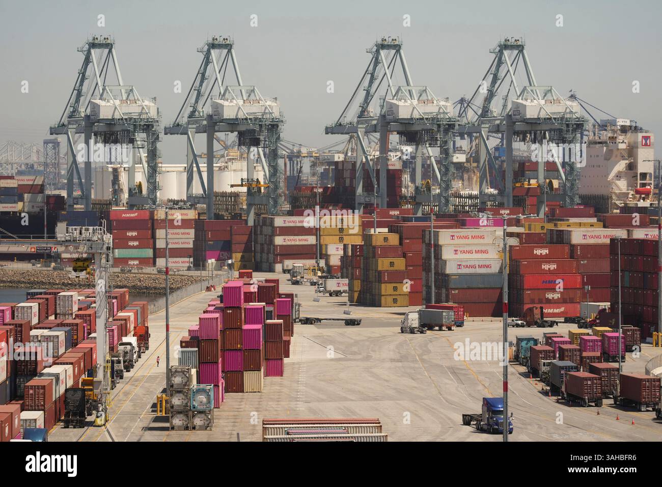 Shipping containers are stacked up at the Port of Los Angeles Wednesday ...
