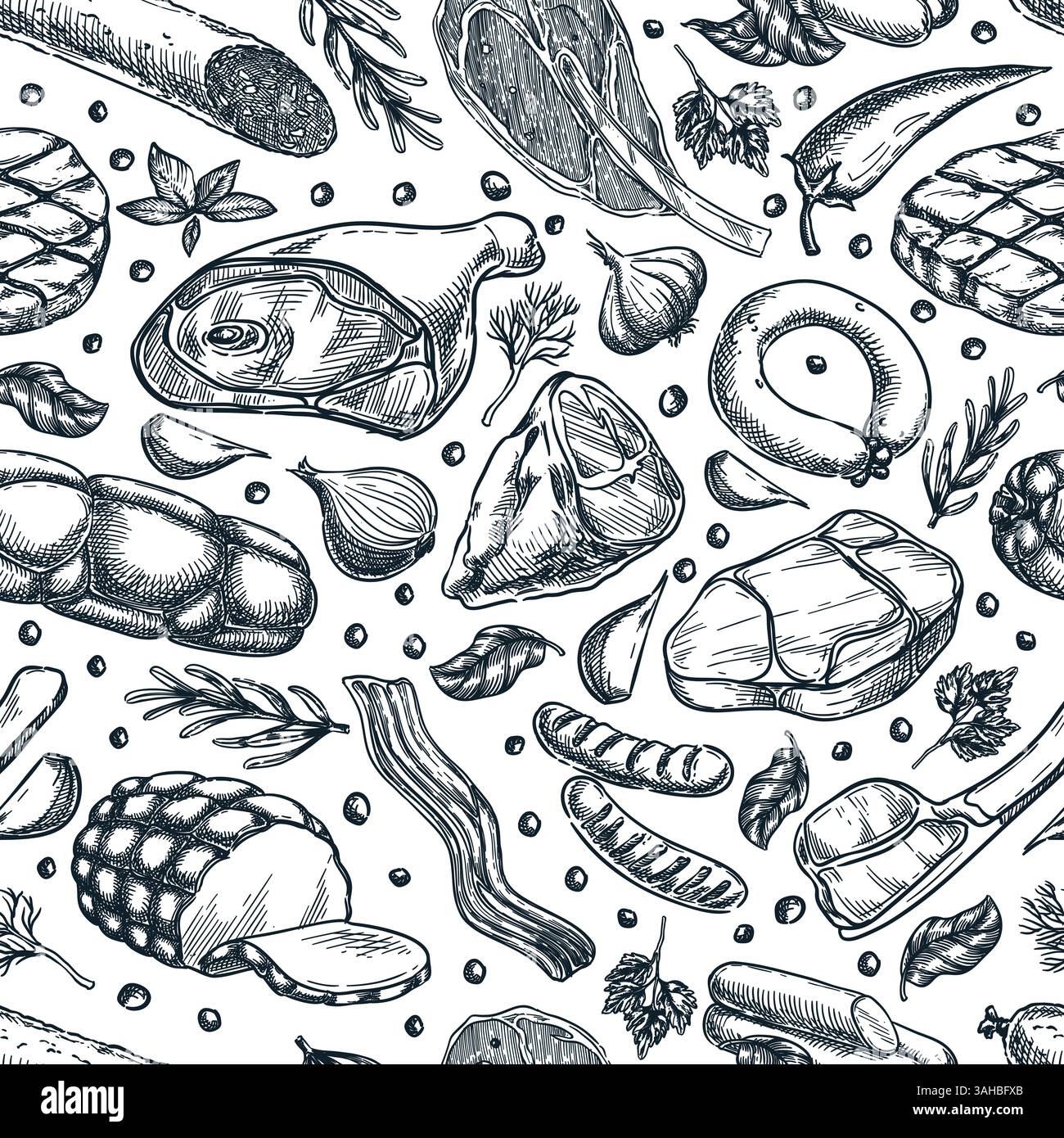 Farm fresh meat products seamless pattern. Vector hand drawn sketch ...