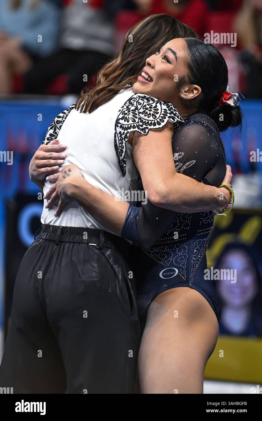 April 6, 2025, Tuscaloosa, Alabama, US: MYA LAUZON hugs her coach ...