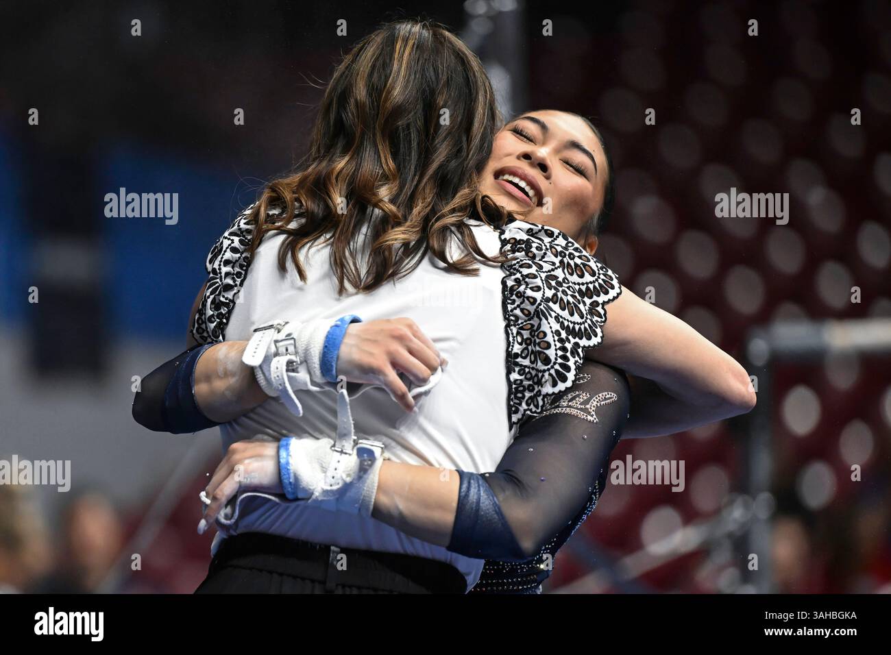 April 6, 2025, Tuscaloosa, Alabama, US: MYA LAUZON hugs her coach ...