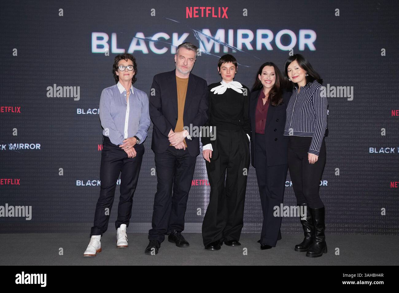Susie Liggat, from left, Charlie Brooker, Emma Corrin, Jessica Rhoades ...