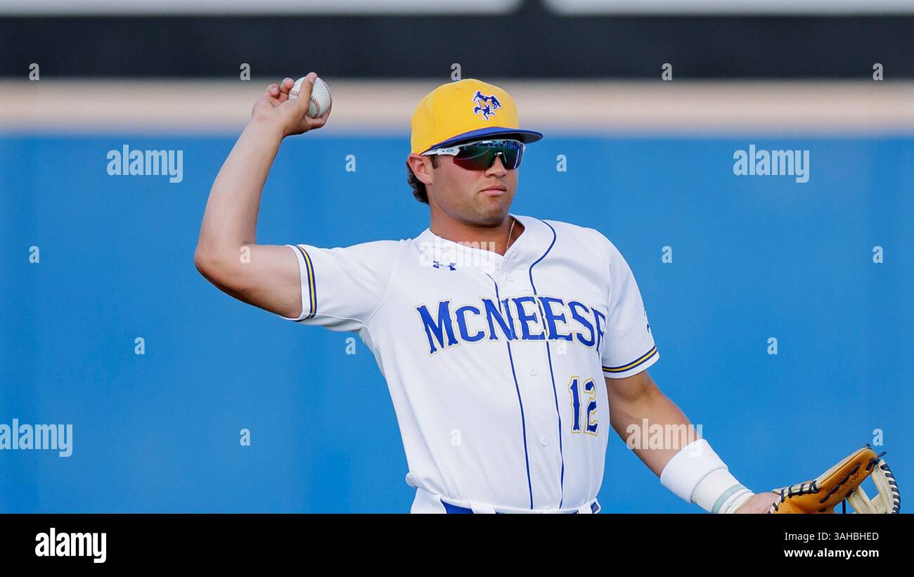 McNeese State infielder Gage Trahan (12) throws during an NCAA baseball ...