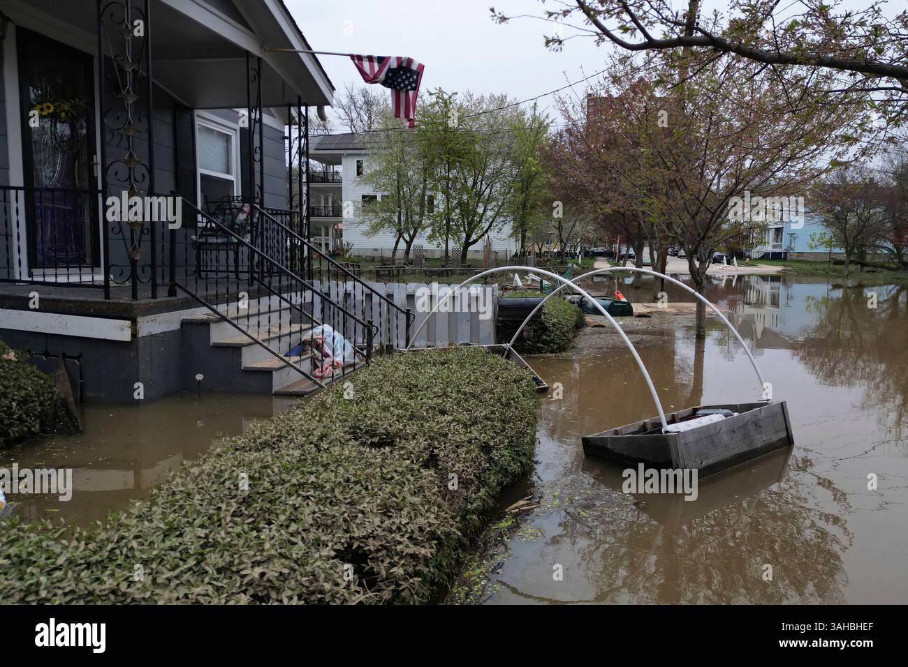 Ohio River floods homes along Strader Avenue, Wednesday, April 9, 2025 ...