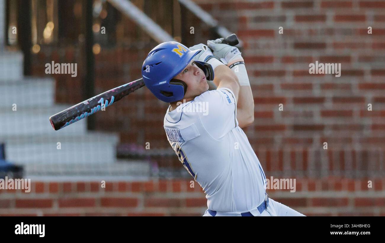 McNeese State catcher Grant Mangrum (9) bats during an NCAA baseball ...