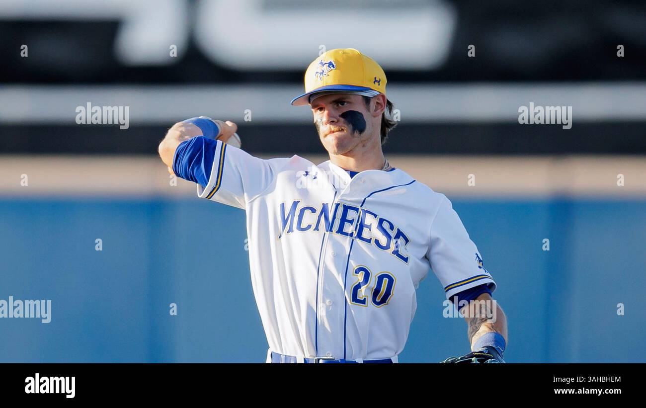 McNeese State infielder Easton Dowell (20) throws during an NCAA ...
