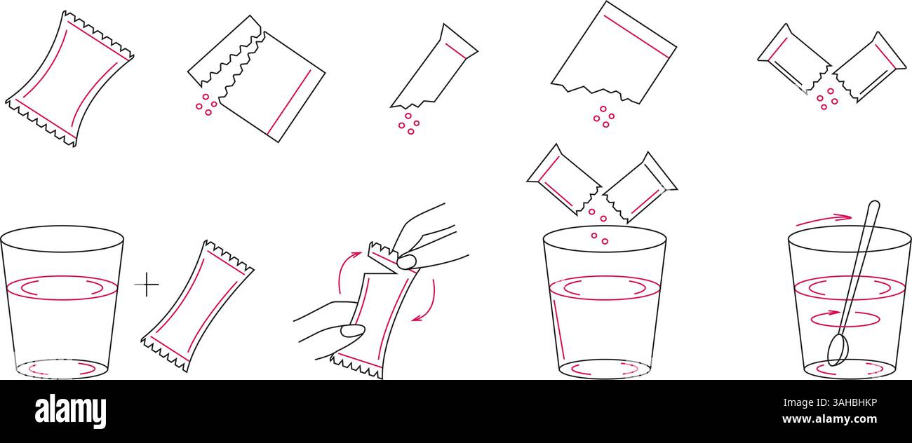 Sachet powder concept set illustrating the process of dissolving ...