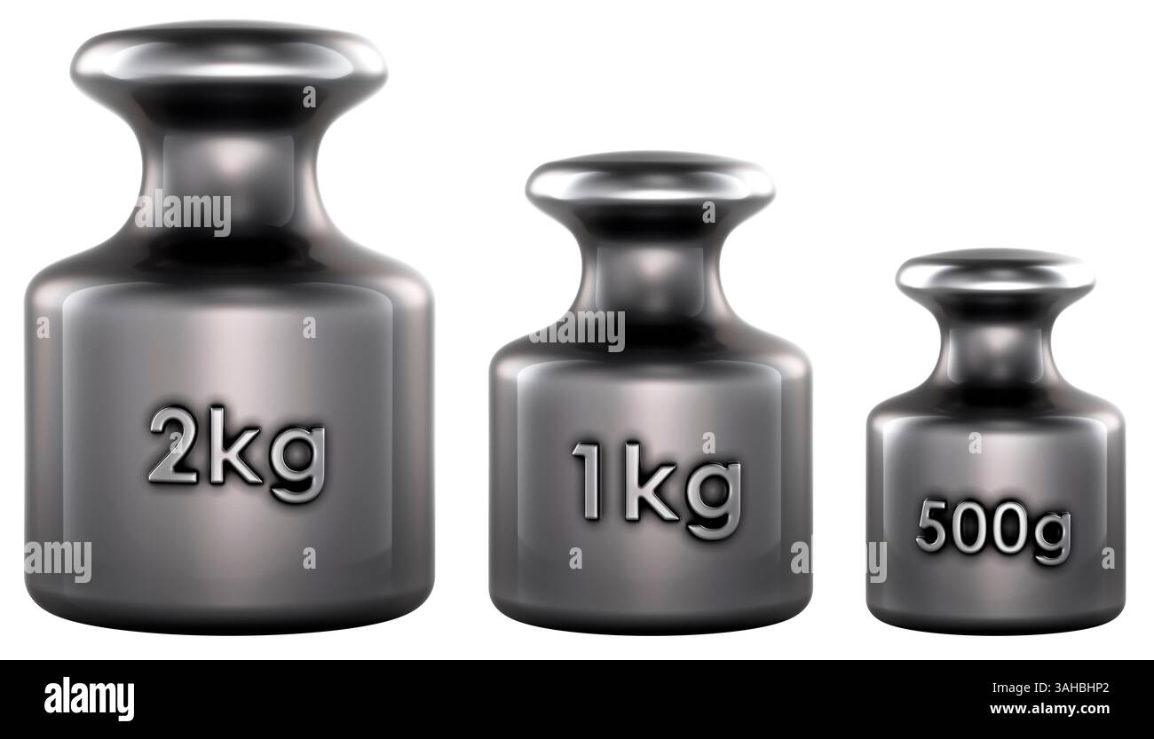 2kg, 1kg, 500g weights. Cast iron, calibration weight. 3D rendering ...