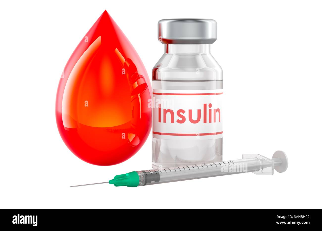 Insulin Vial with Syringe and Blood Drop, 3D rendering isolated on ...
