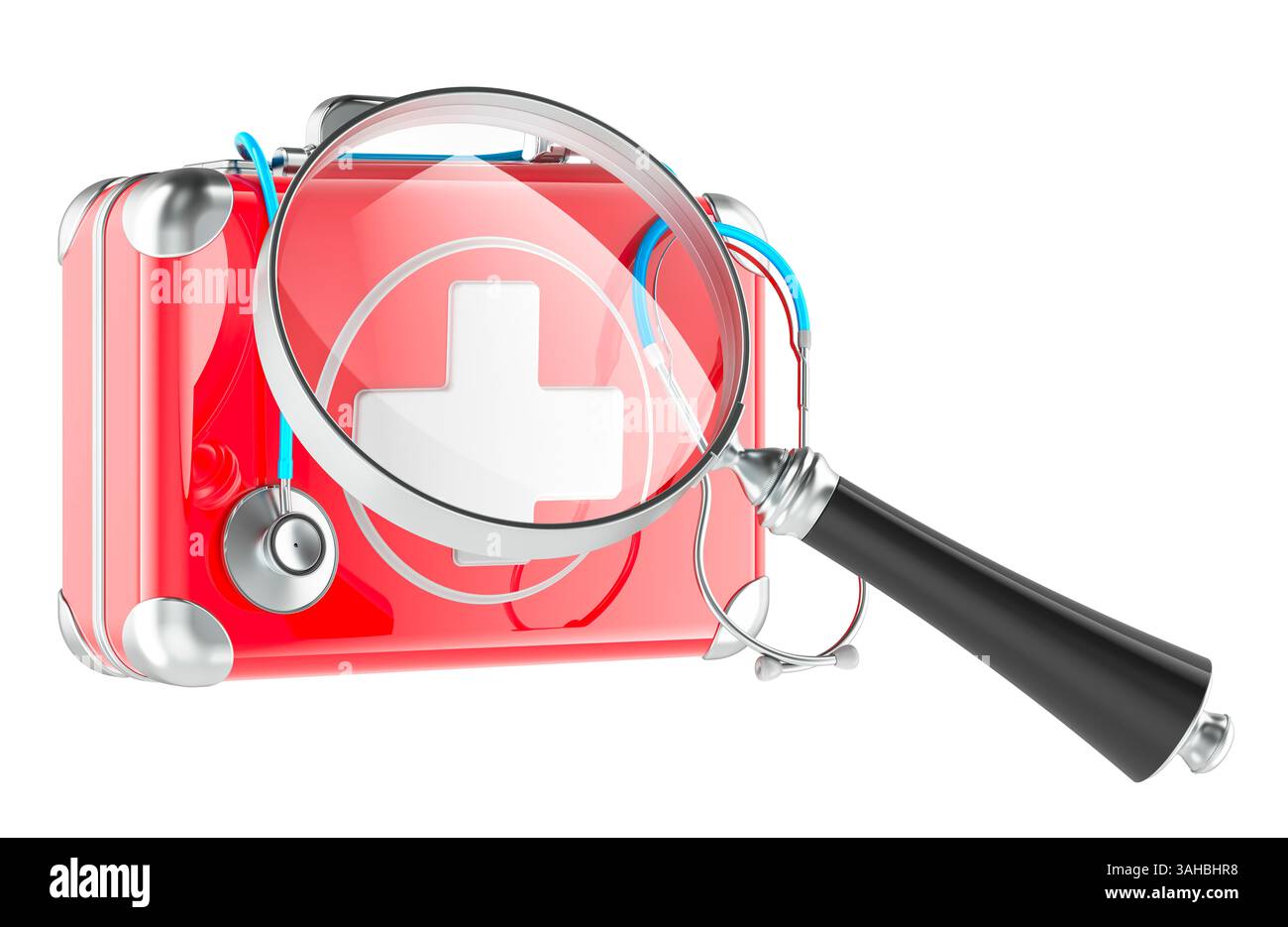 First Aid Kit with magnifying glass, loupe. 3D rendering isolated on ...