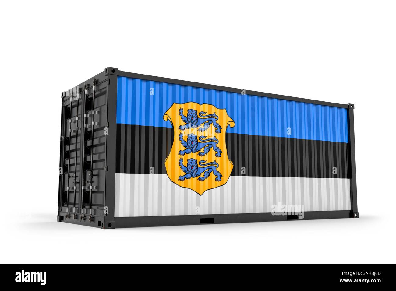 Cargo container bearing Estonian national flag, representing global shipping and logistics ...