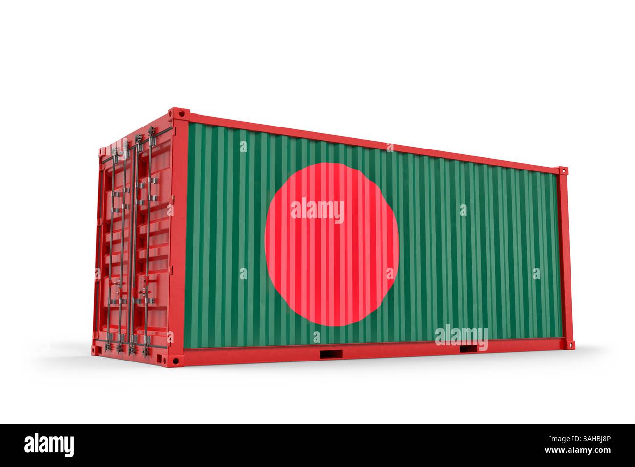 Green and red metal freight container with Bangladesh flag is waiting ...