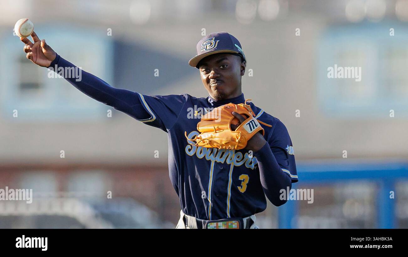 Southern University infielder Beny Bikar (3) throws during an NCAA ...