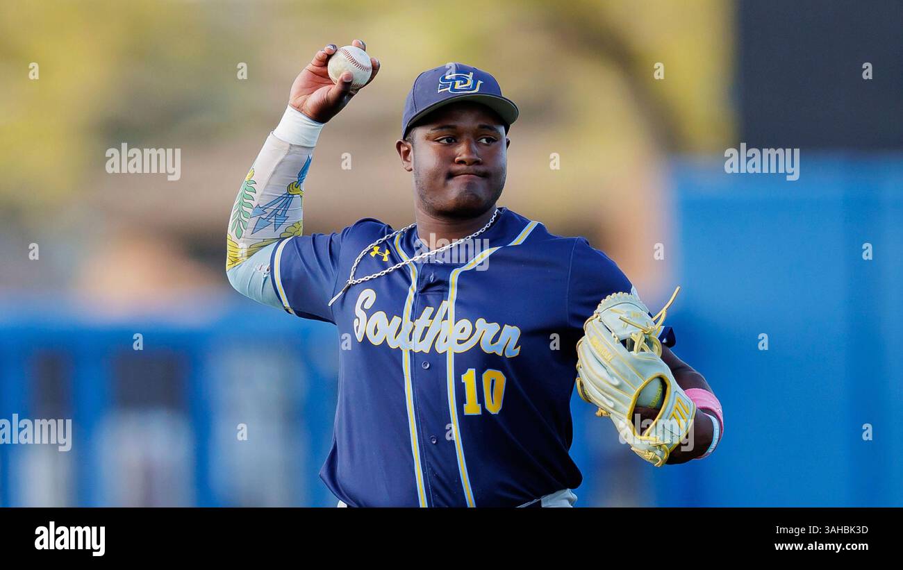 Southern University infiedler Taj Bates (10) throws during an NCAA ...