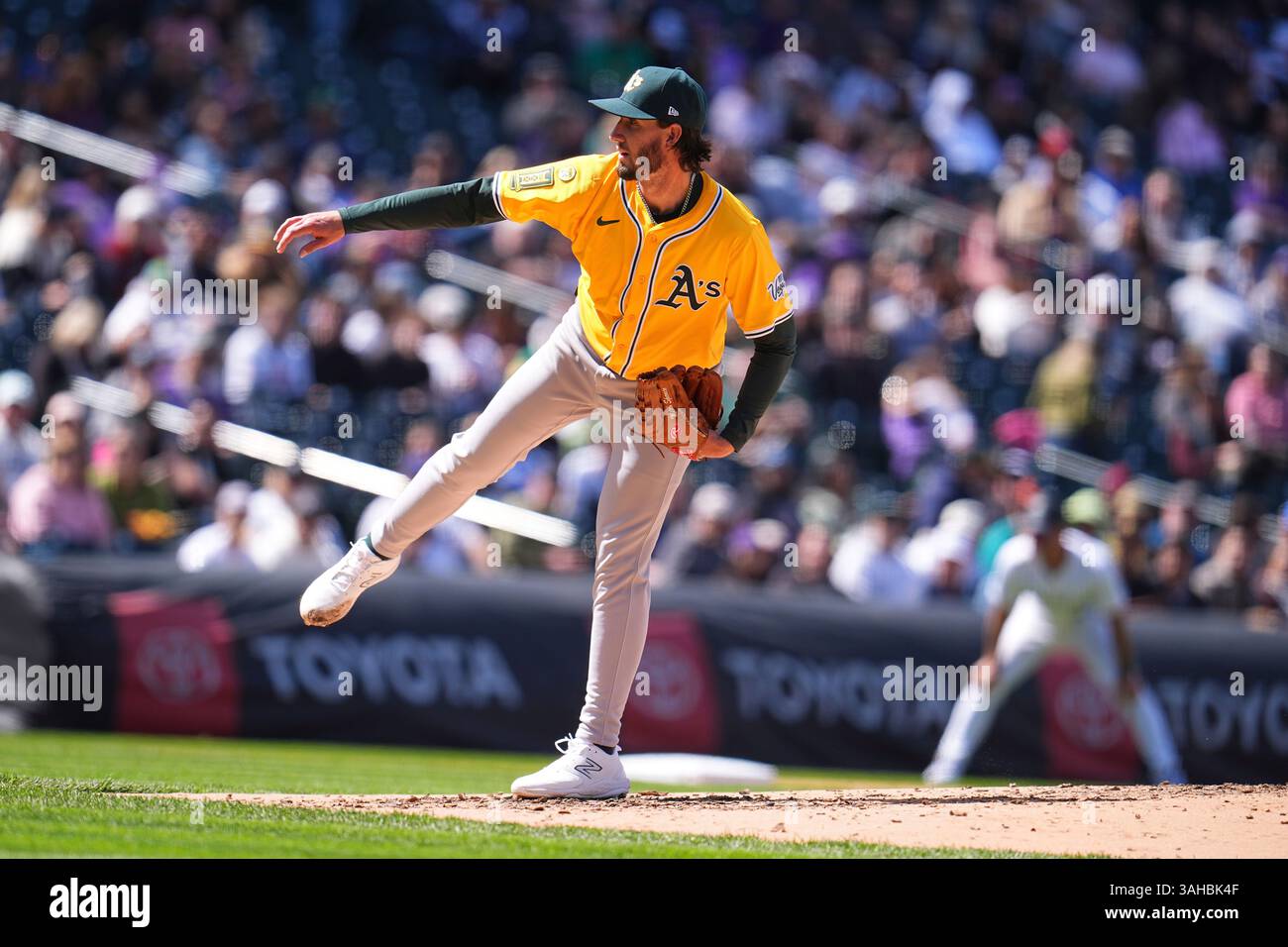 Athletics relief pitcher Mitch Spence (28) in the fourth inning of a ...