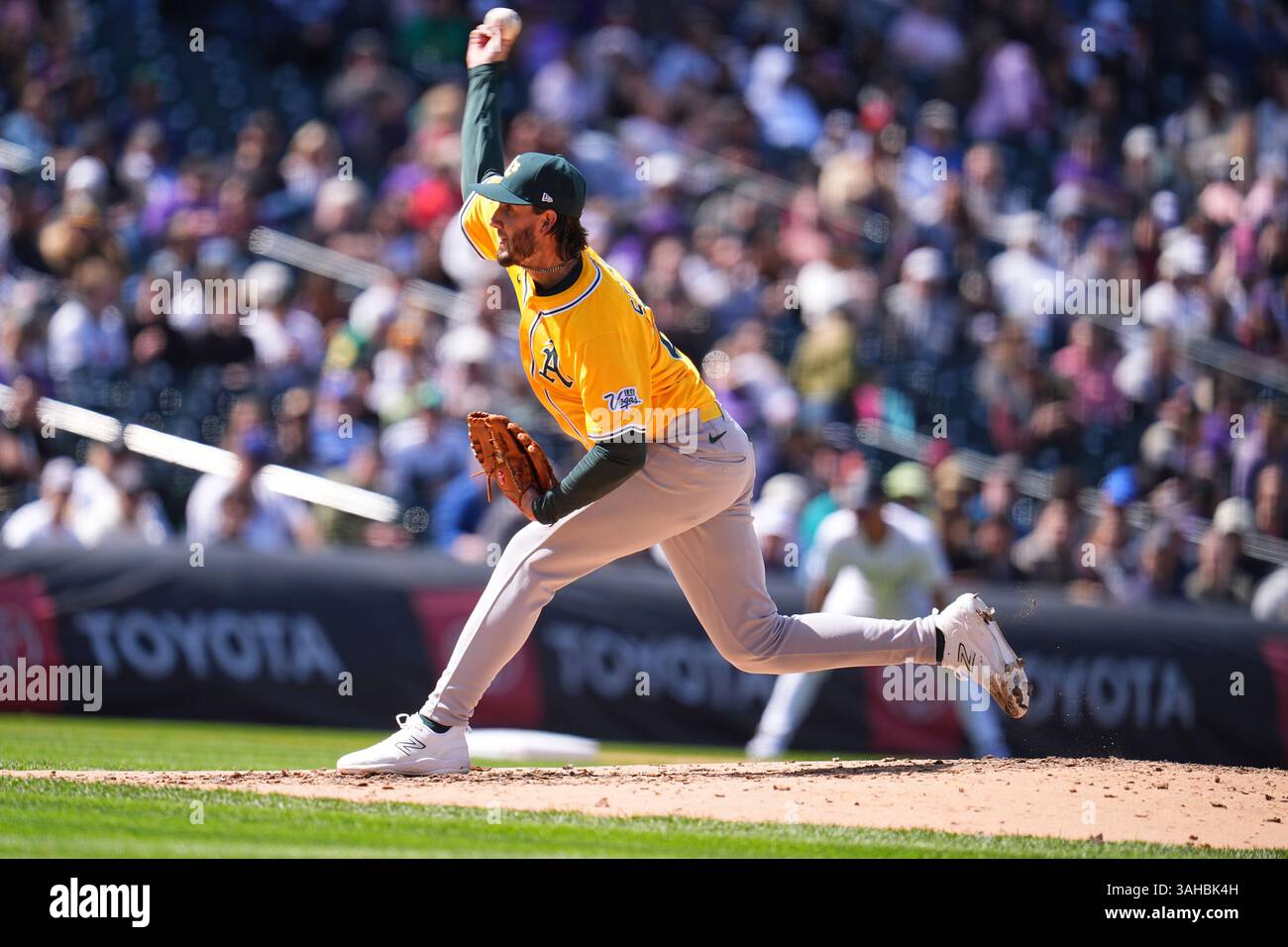 Athletics relief pitcher Mitch Spence (28) in the fourth inning of a ...
