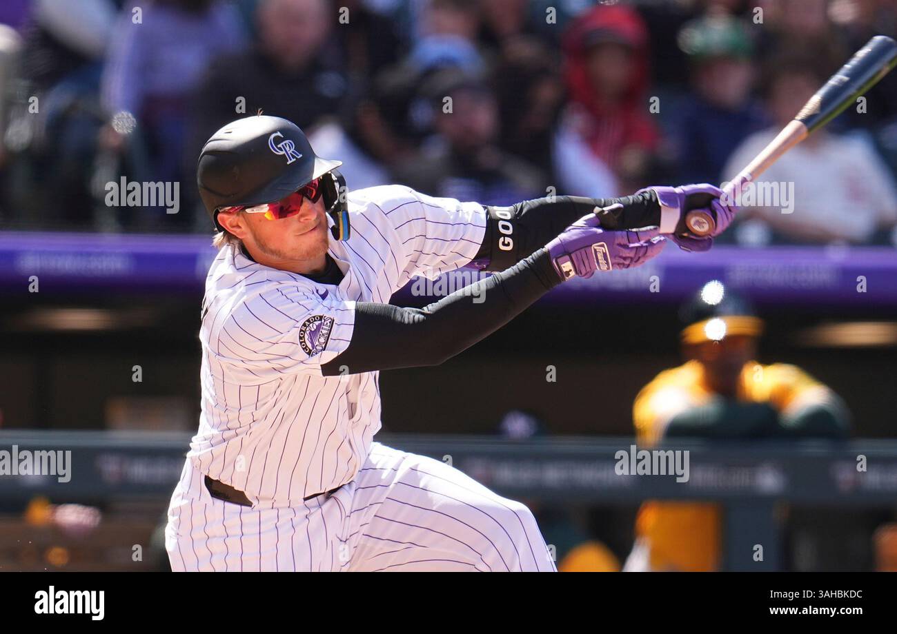 Colorado Rockies catcher Hunter Goodman (15) in the seventh inning of a ...