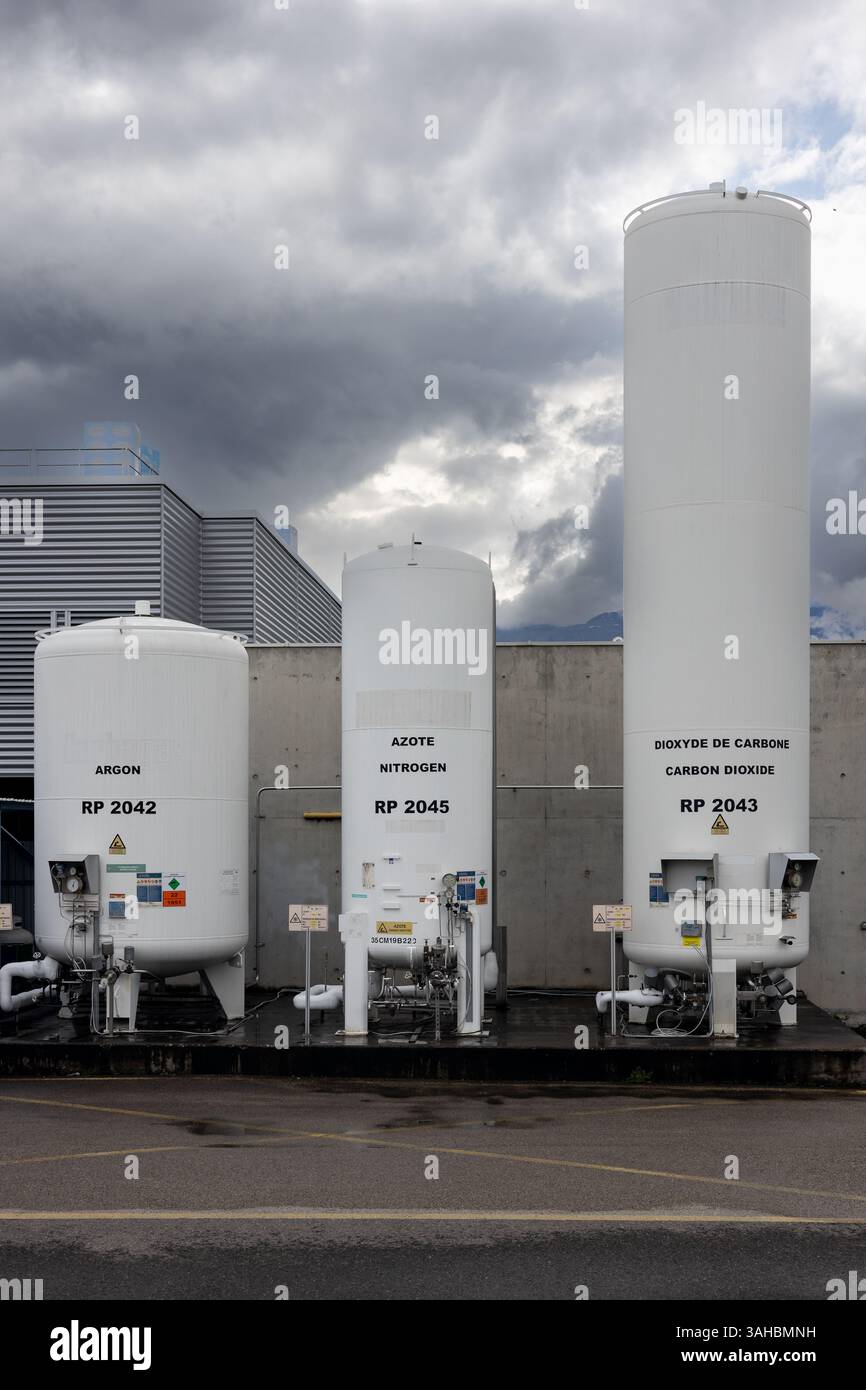 20 June 2023, Geneva, Switzerland, CERN. Large industrial gas storage ...