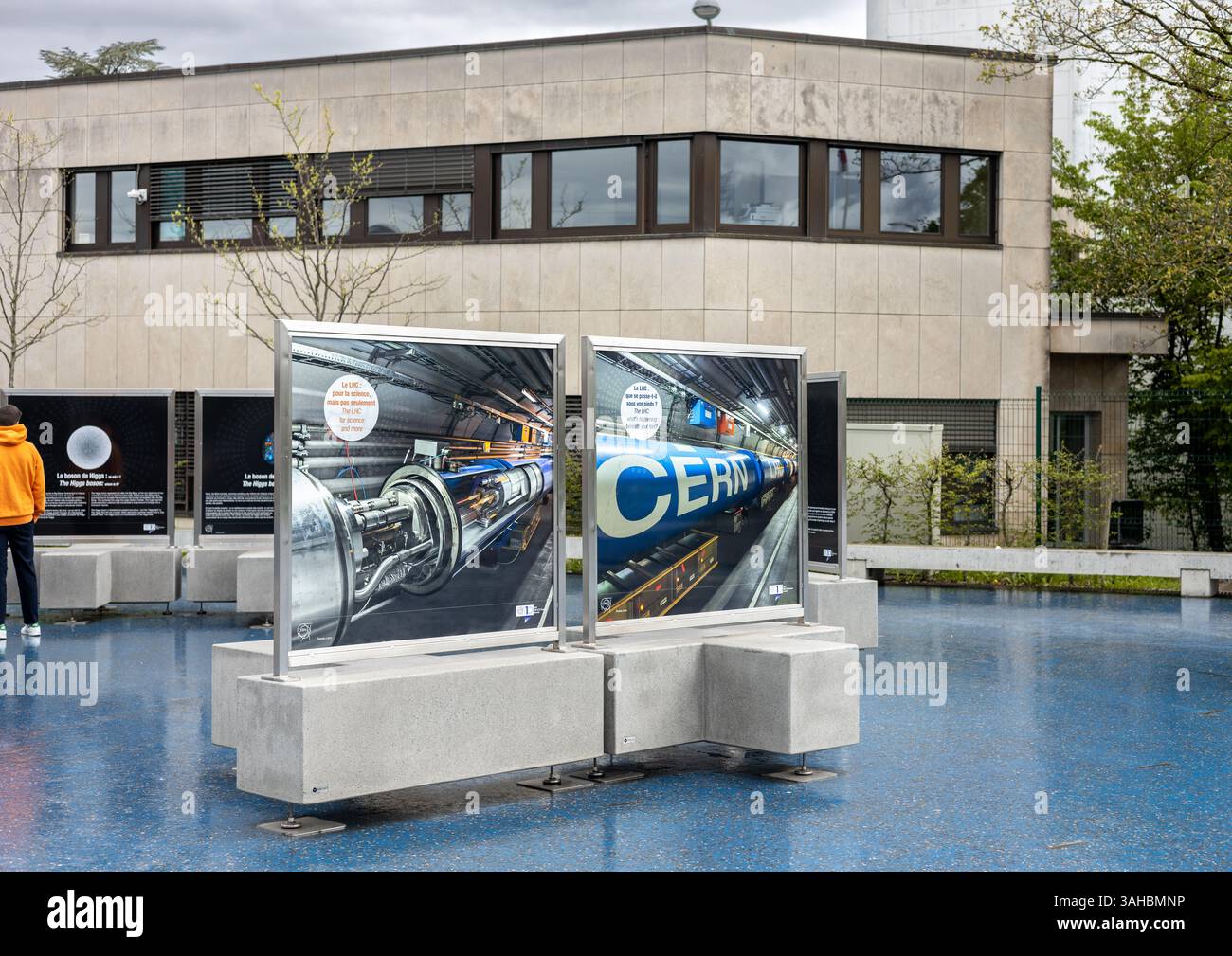 Outdoor exhibition panels at CERN showcase images of the Large Hadron ...