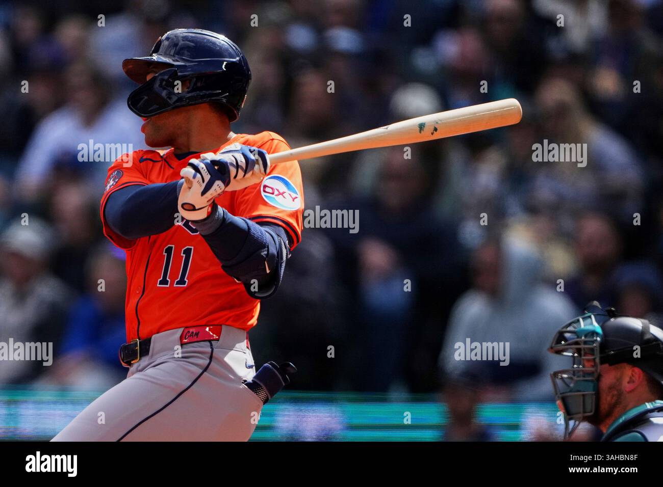 Houston Astros' Cam Smith follows through on an RBI single to score ...