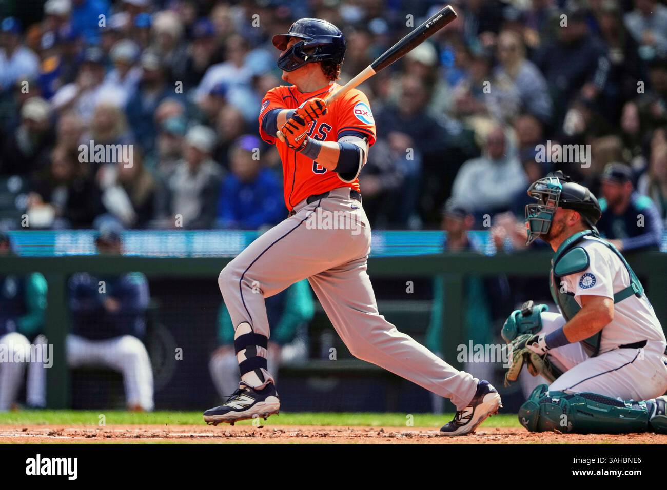 Houston Astros' Jake Meyers follows through on an RBI single to score ...
