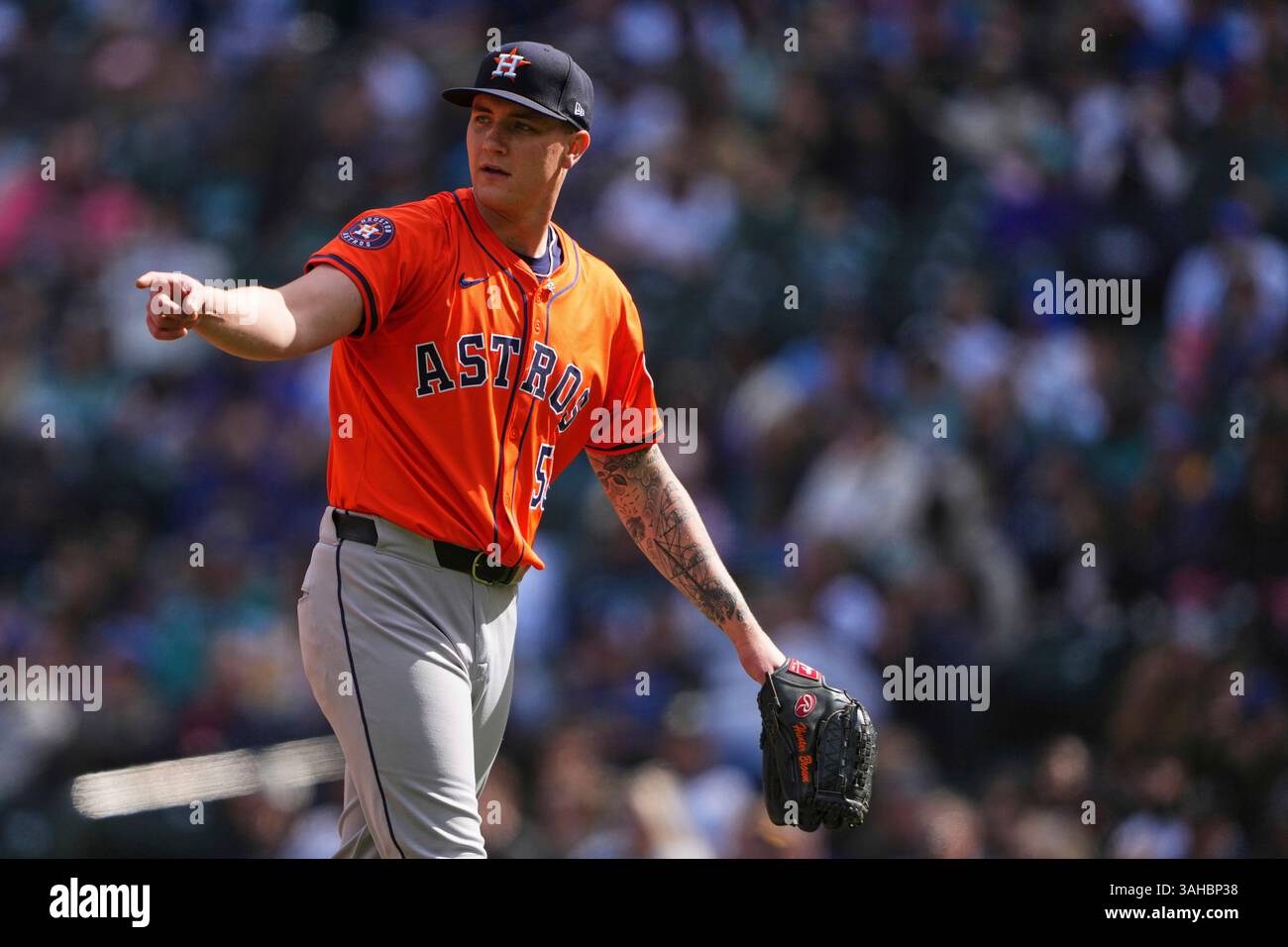Houston Astros starting pitcher Hunter Brown (58) reacts after the ...