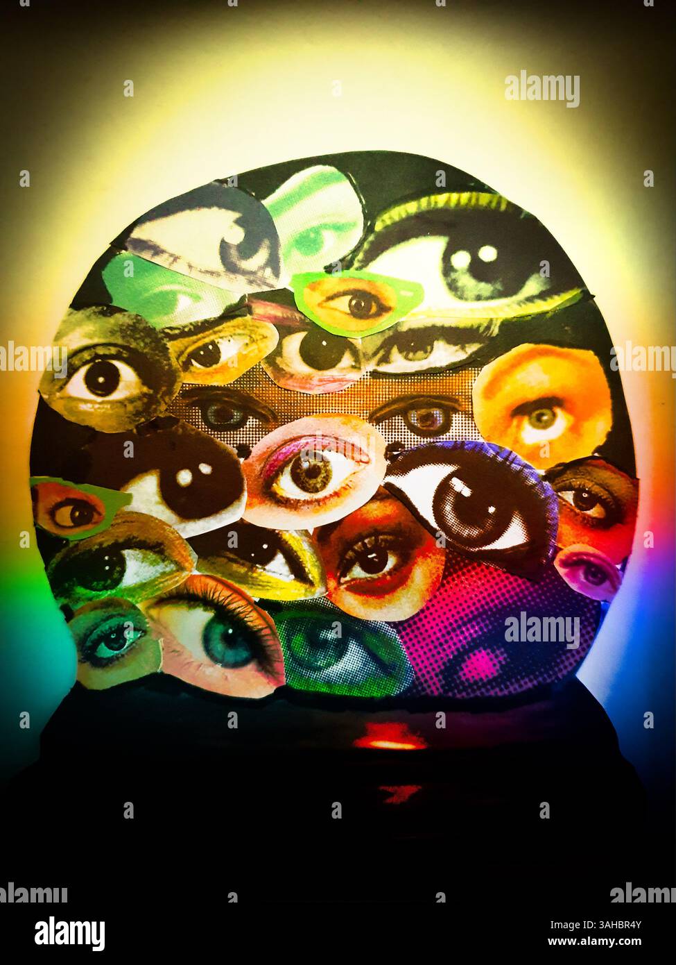 Conceptual collage art of a crystal ball full of human eyes Stock Photo ...