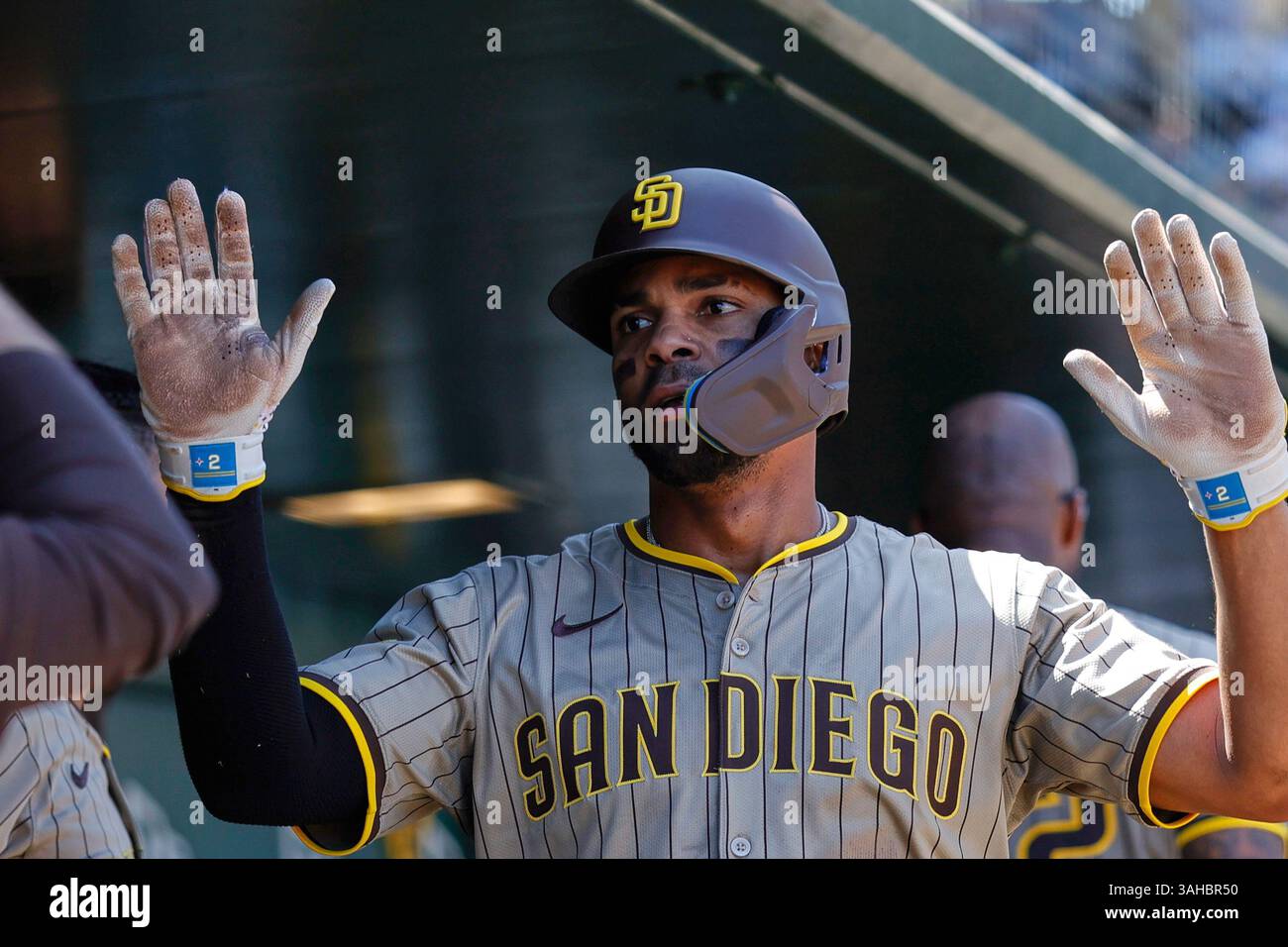 San Diego Padres' Xander Bogaerts hi fives teammates after scoring a ...