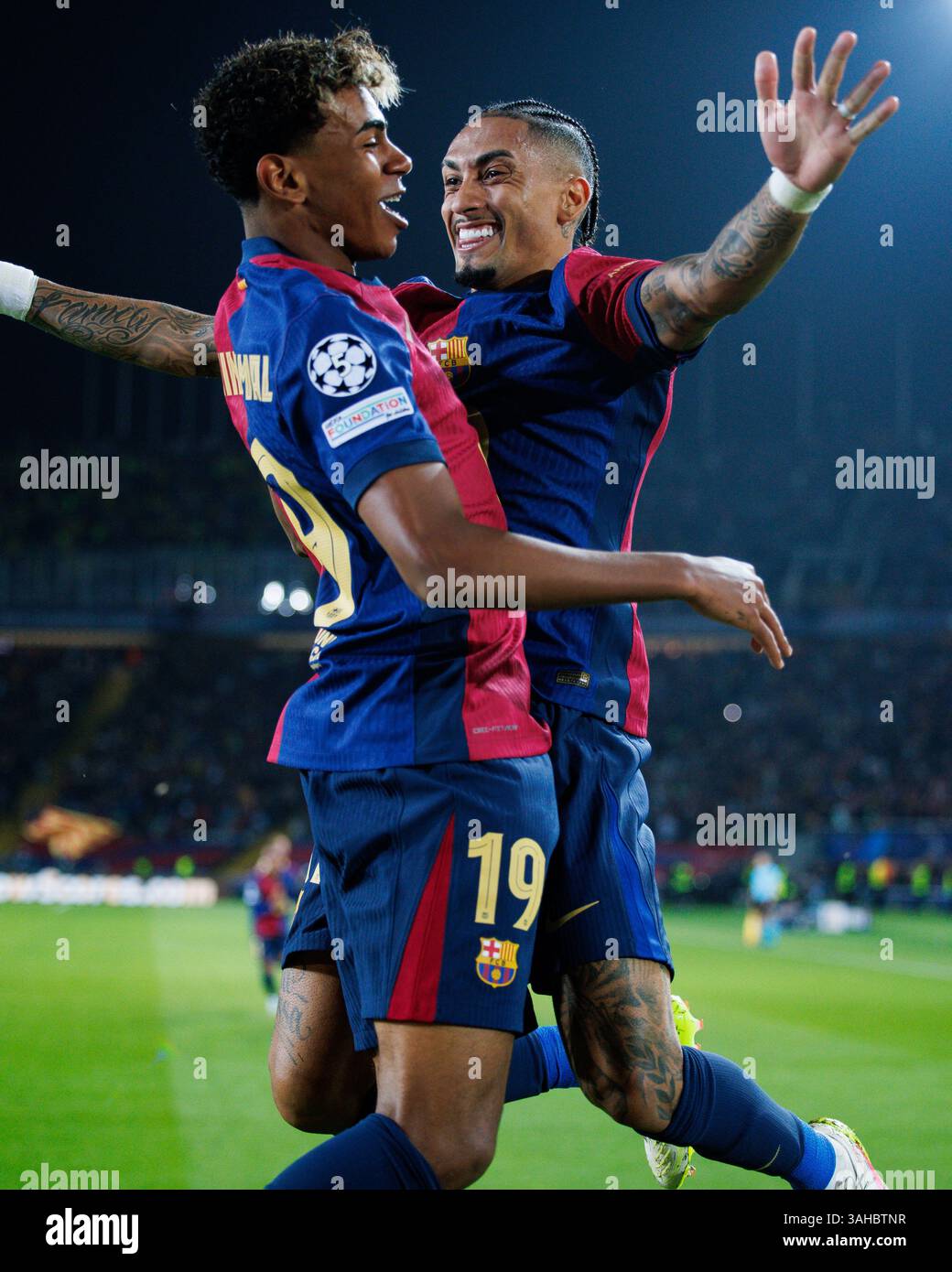 Barcelona, Spain. 9th April, 2025. Lamine Yamal (L) and Raphinha (R ...