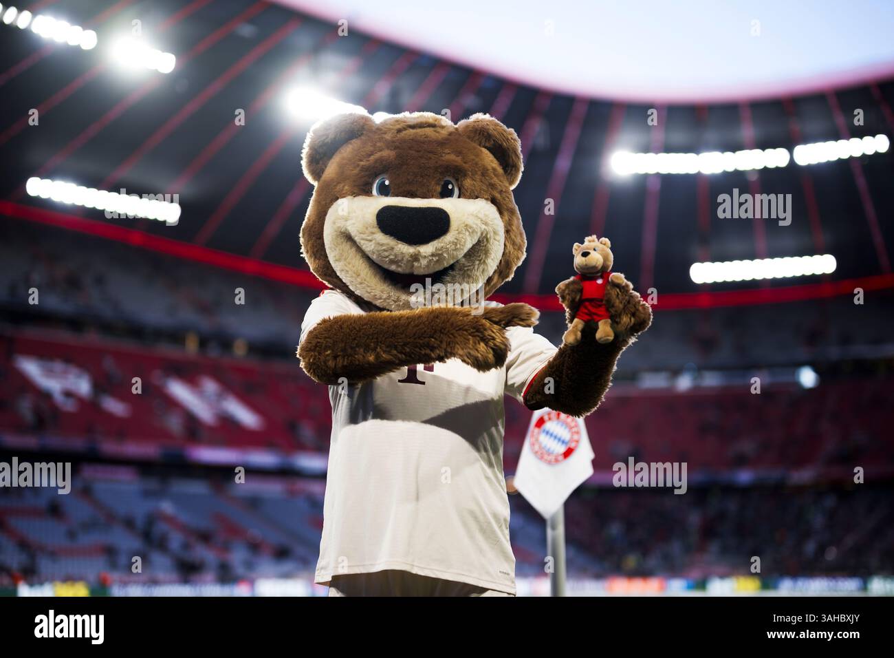 Munich, Germany. 8 April 2025. Bernie, mascot of FC Bayern Munchen ...
