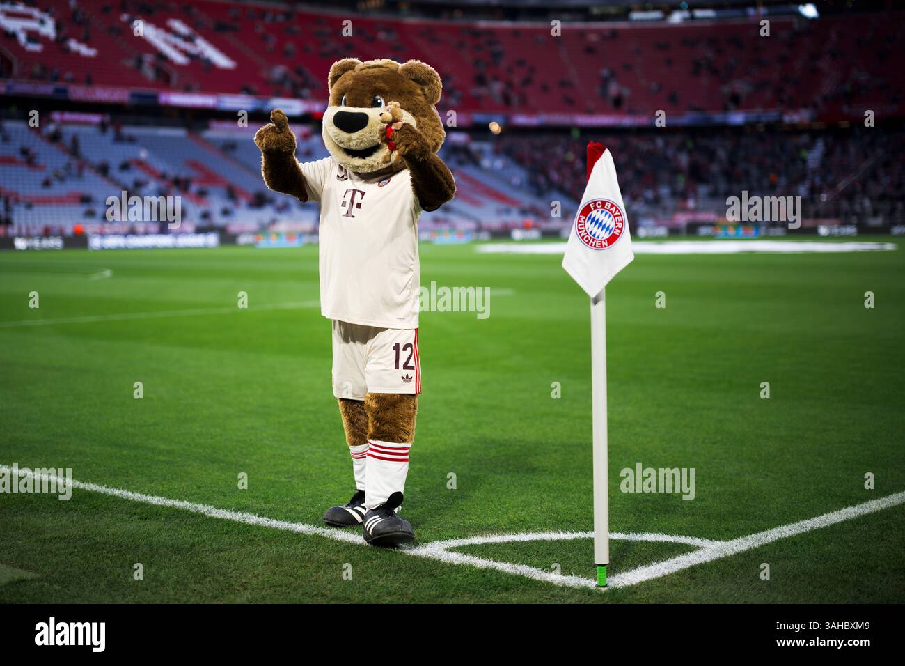 Munich, Germany. 8 April 2025. Bernie, mascot of FC Bayern Munchen ...