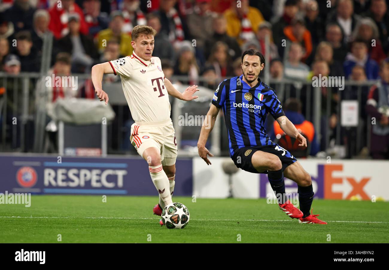 MUNICH, GERMANY - APRIL 08: Joshua Kimmich of Bayern Muenchen vies with ...